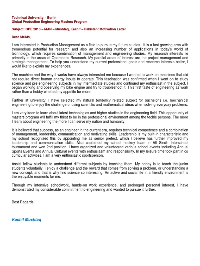 Motivation Letter | PDF | Engineering | Motivation