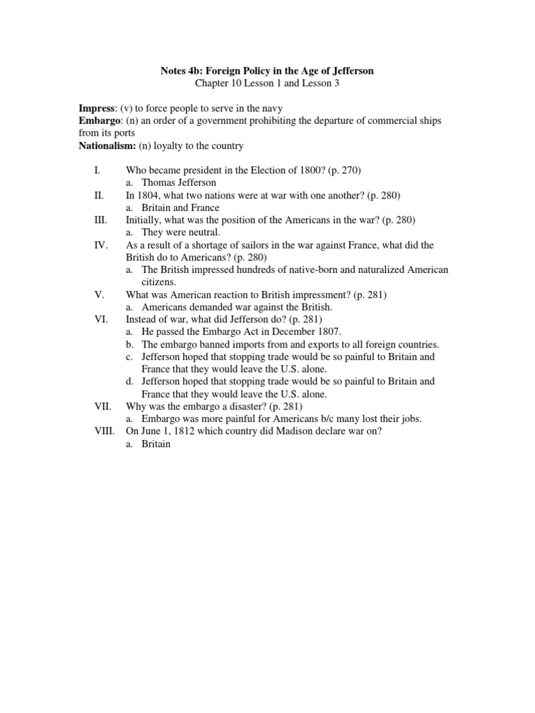 Notes 4b: Foreign Policy in The Age of Jefferson | PDF | Thomas ...