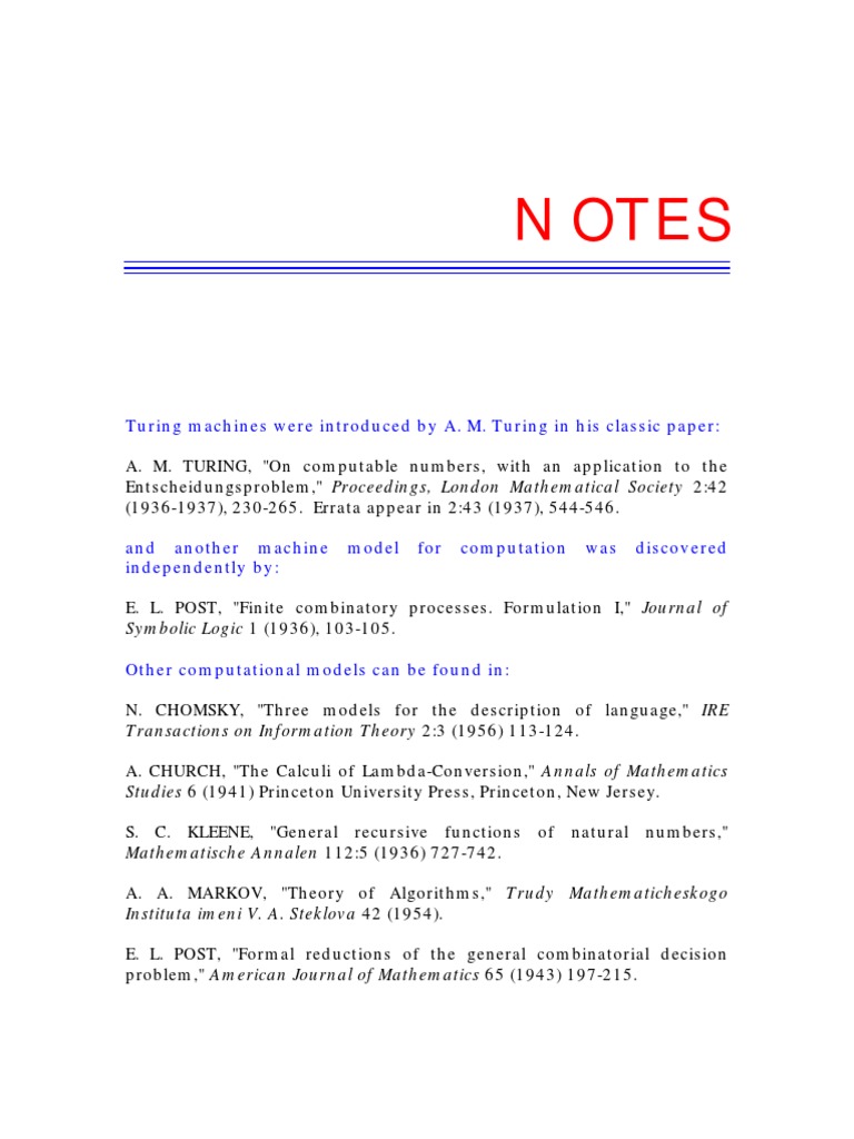 Notes: Turing Machines Were Introduced by A. M. Turing in His Classic ...