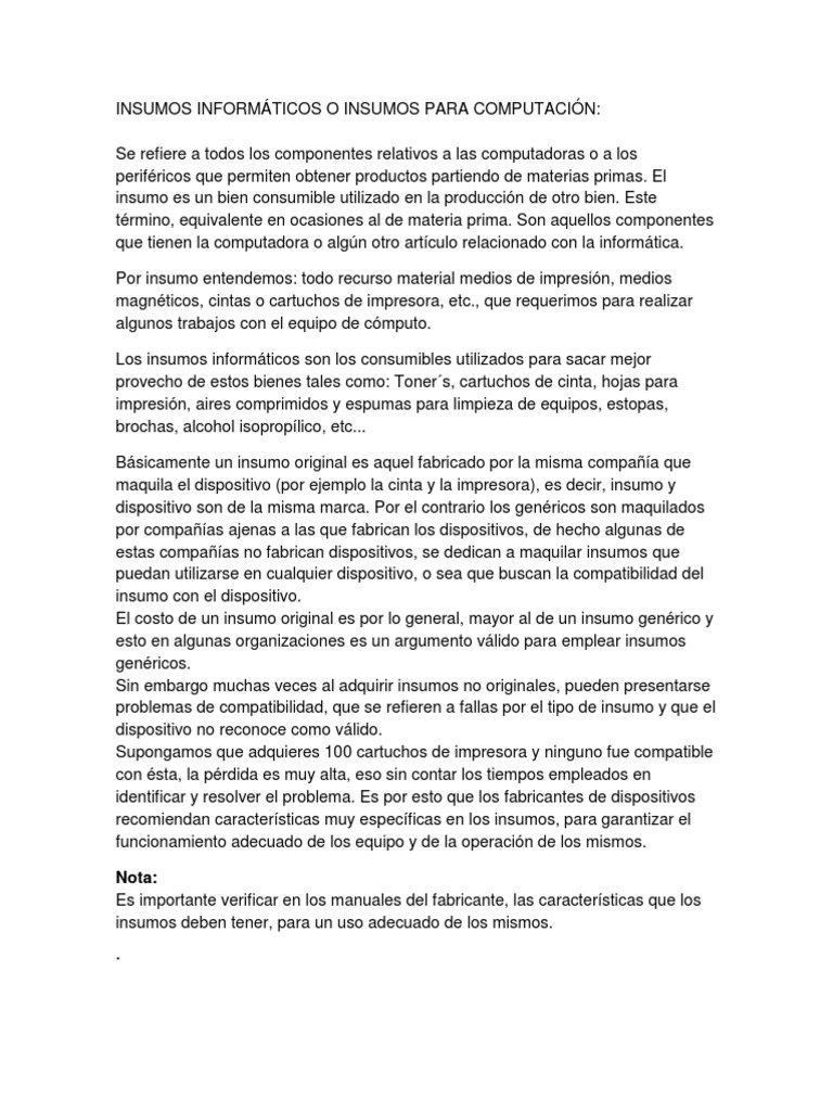 Insumos Informáticos: Tipos y Compatibilidad | PDF | Impresora ...