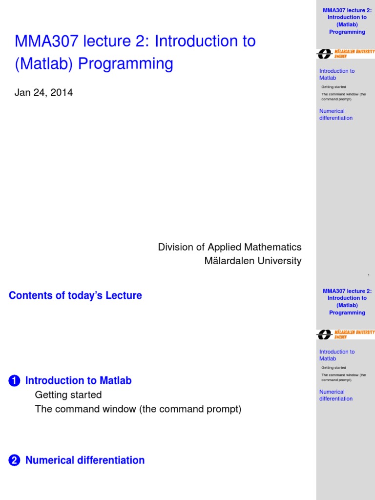 MMA307 Lecture 2: Introduction To (Matlab) Programming | PDF | Numerical Analysis | Matlab