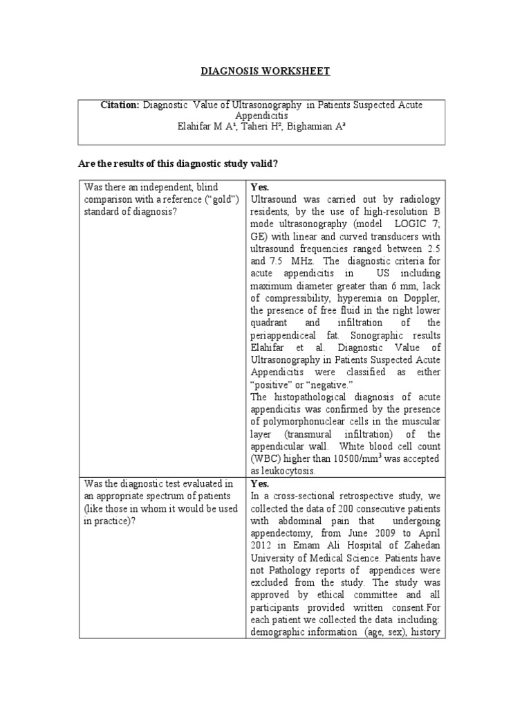Diagnosis Worksheet Citation: Diagnostic Value of Ultrasonography in ...