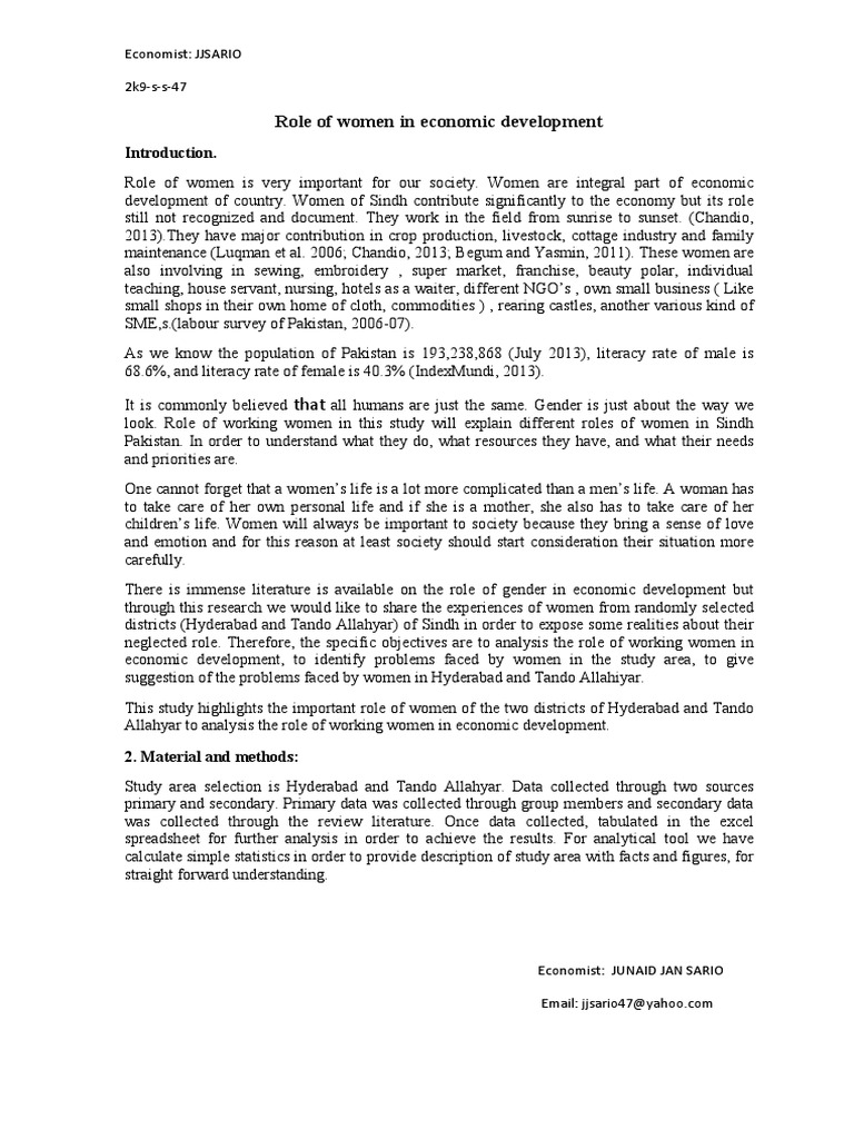 Role of Women in Economic Development | PDF | Workforce | Economics