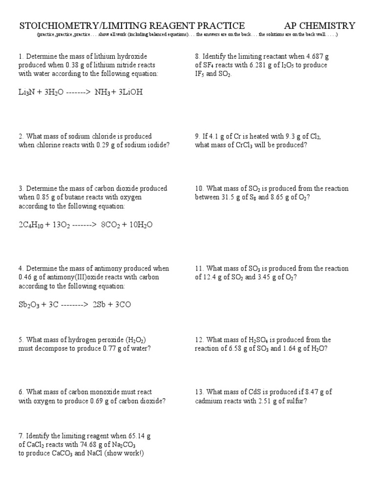 AP Chemistry Stoichiometry Practice | PDF