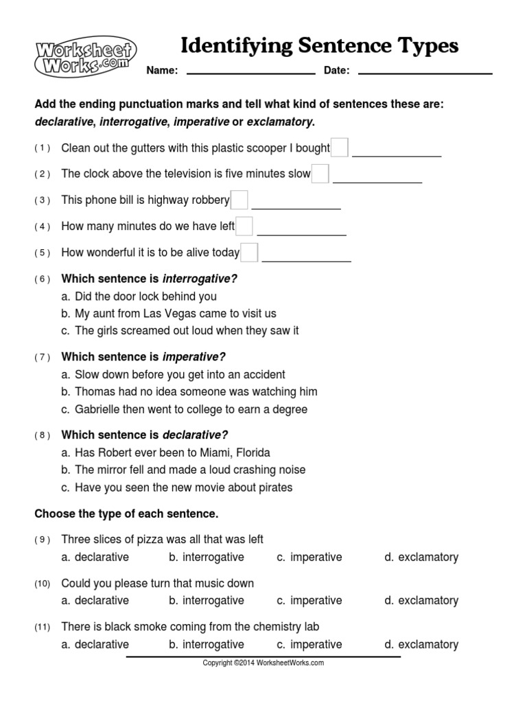 WorksheetWorks Identifying Sentence Types 1 | PDF