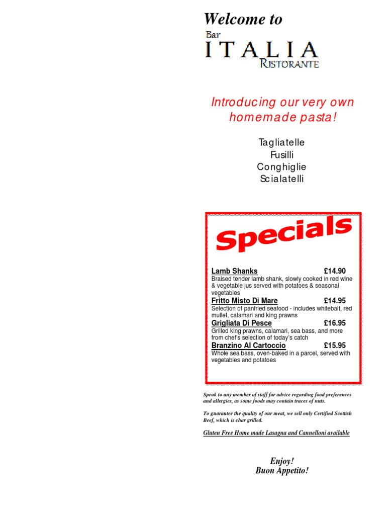 Bar Italia Menu | PDF | Tomato Sauce | Pasta