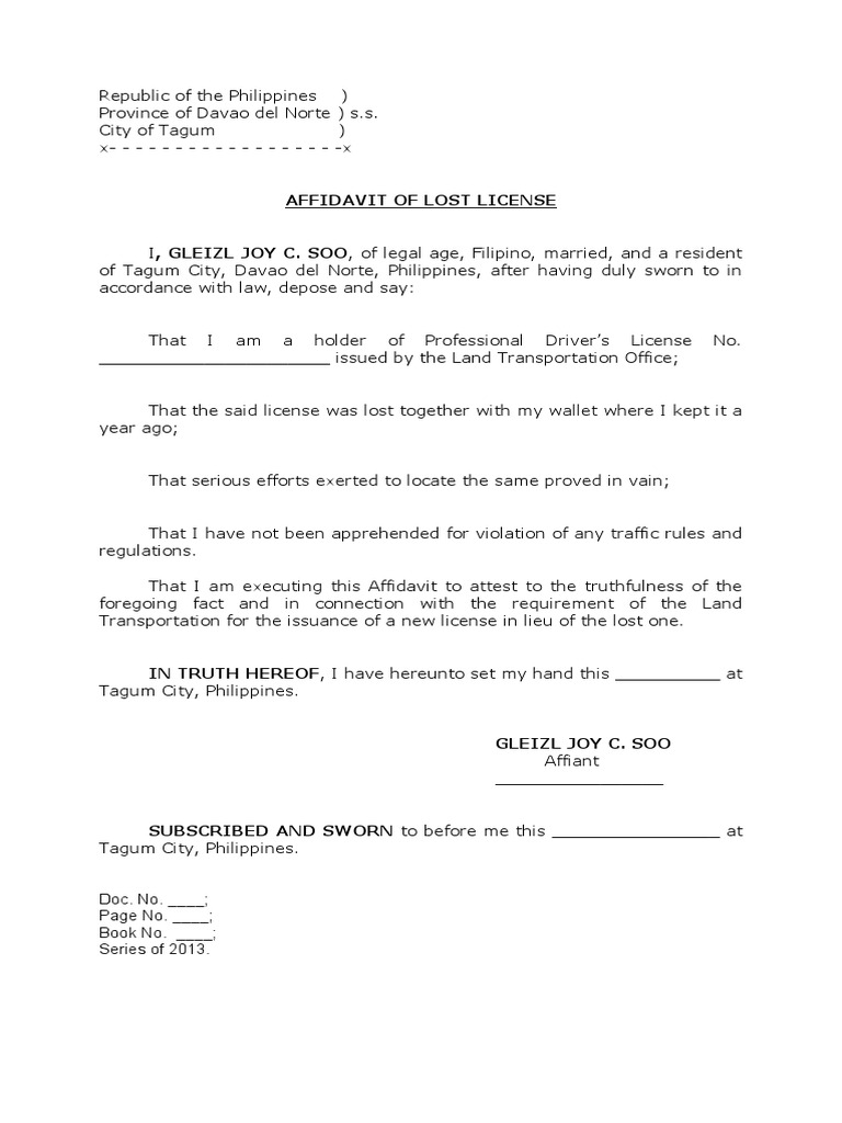 Affidavit of Lost License-Soo