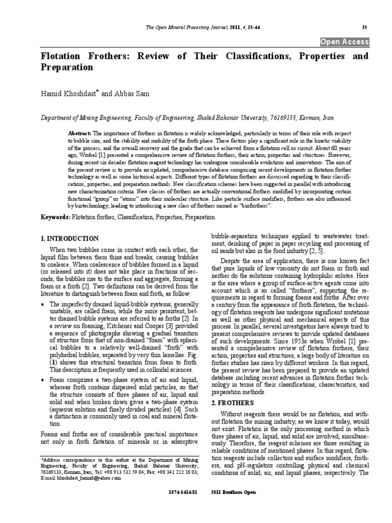 Flotation Frothers: Review of Their Classifications, Properties and ...