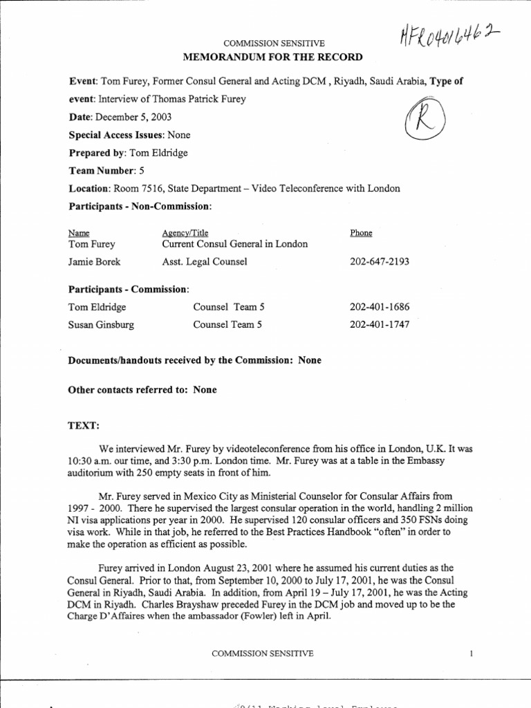 Memo of 9/11 Commission Interview of Riyadh Embassy Official | PDF ...