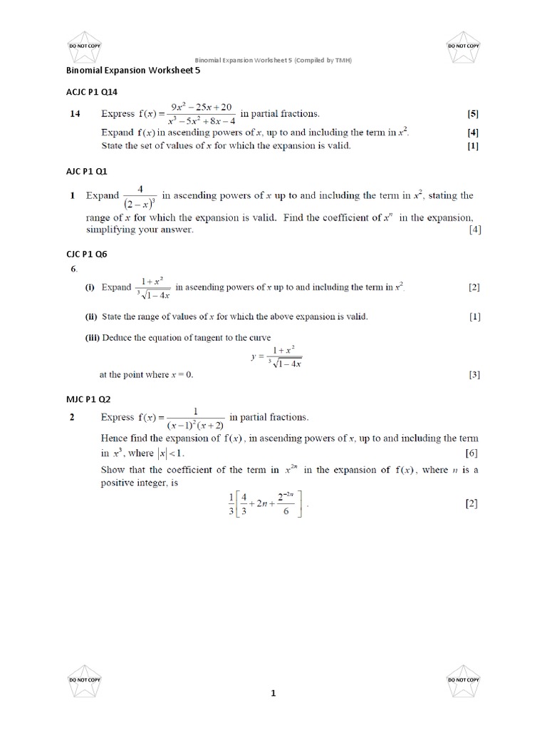 Binomial Expansion Worksheet 5 | PDF