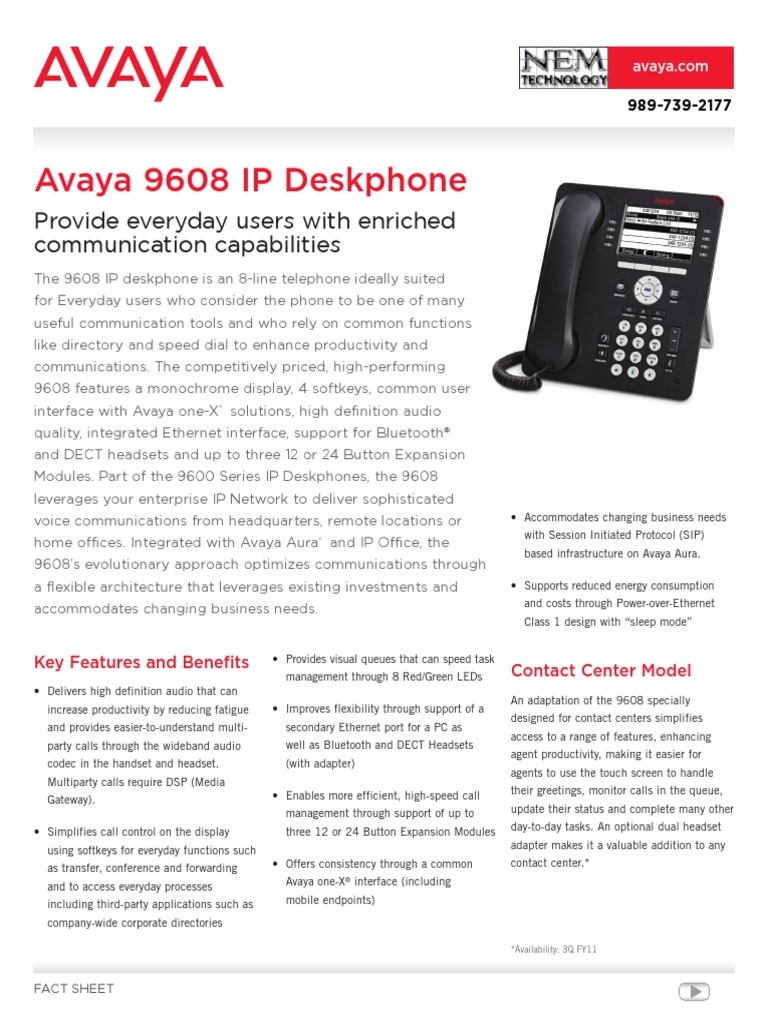 Avaya 9608 IP Deskphone - Fact Sheet | PDF | Session Initiation ...