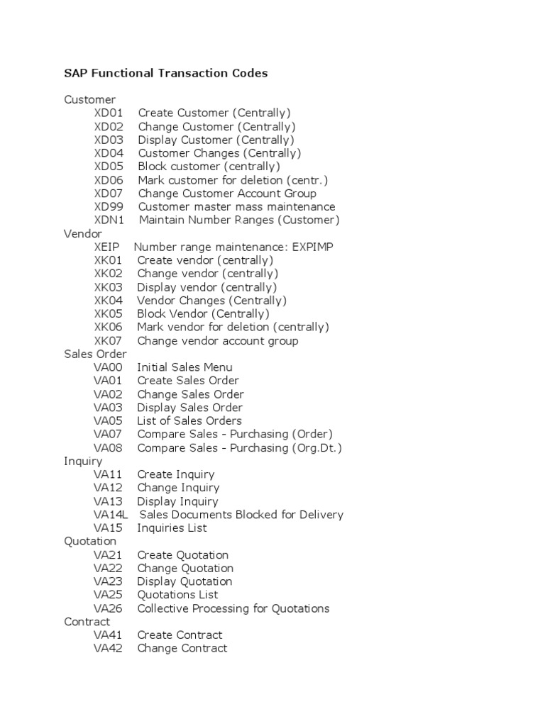 SAP Functional Transaction Codes | PDF | Computers | Technology & Engineering