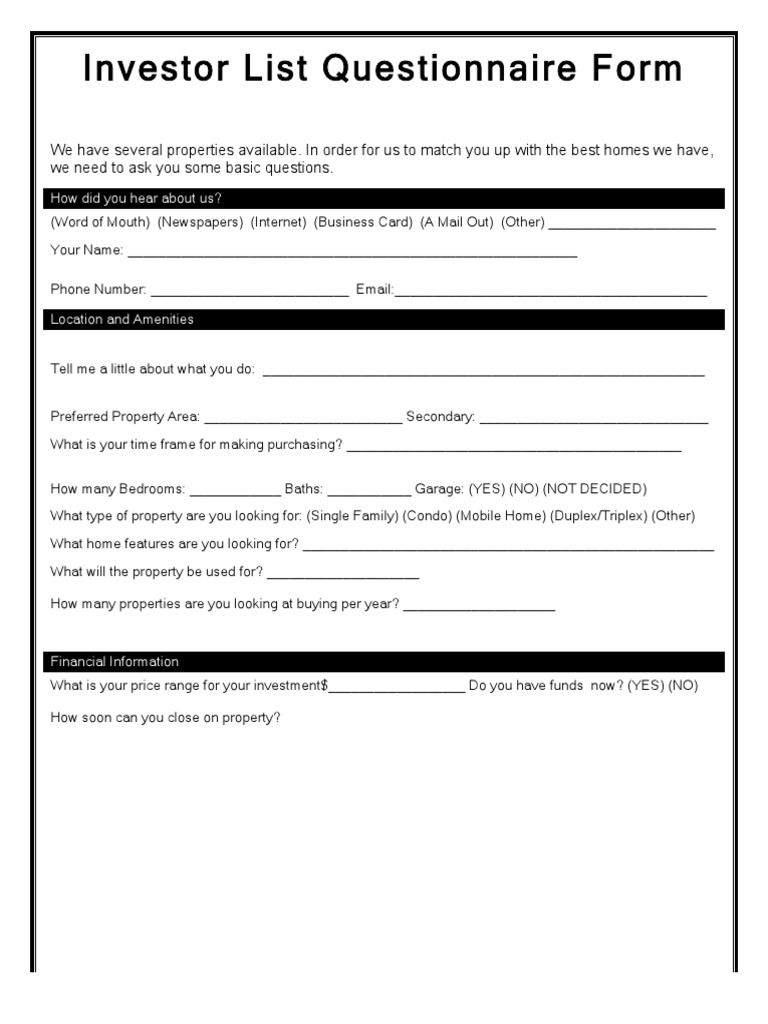 Investor Questionnaire for Property Matching | PDF | Law