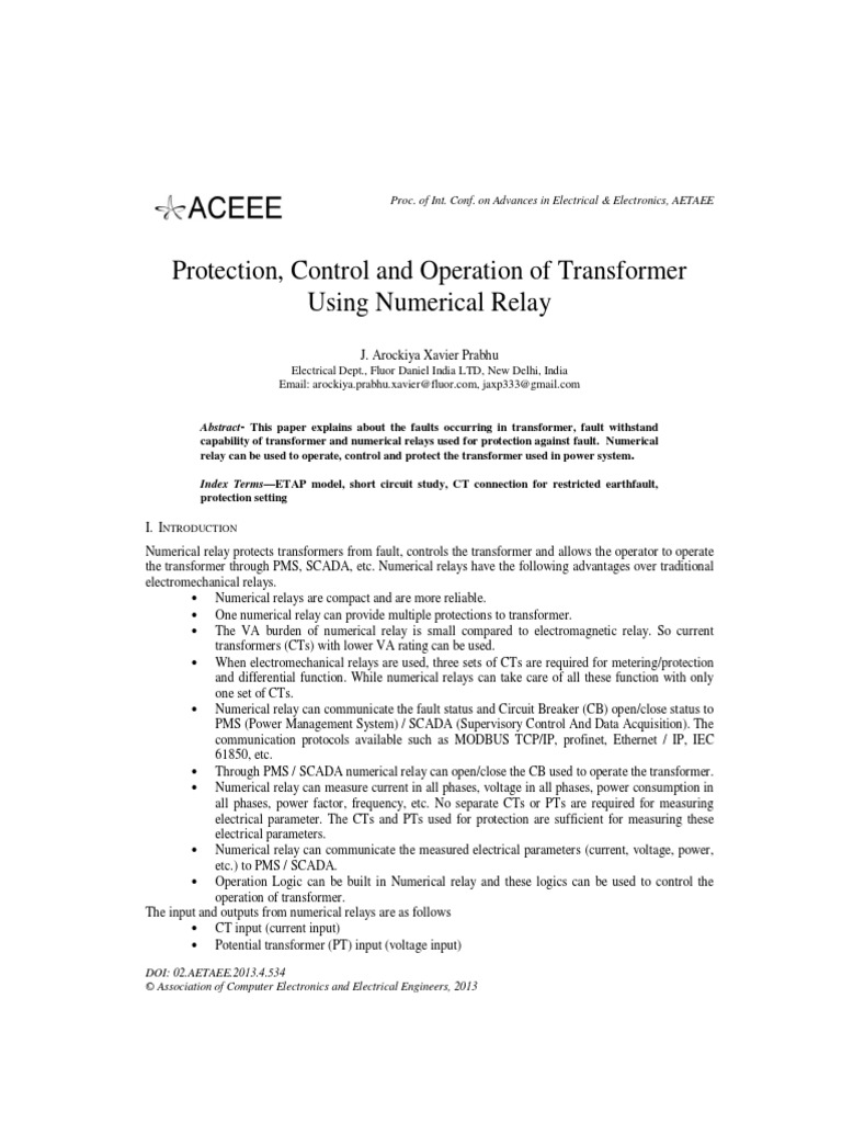 Protection, Control and Operation of Transformer Using Numerical Relay ...