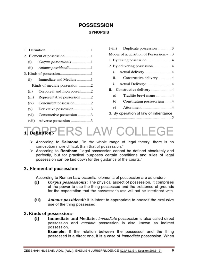 Types and Elements of Possession | PDF | Possession (Law) | Adverse ...