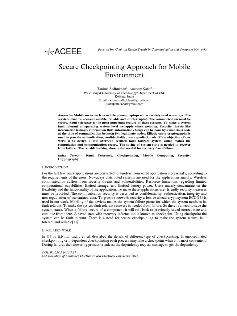 Secure Checkpointing Approach For Mobile Environment Pdf Key Cryptography Cryptography 