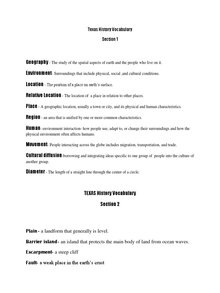 Texas Geography and History Terms | PDF | Science & Mathematics