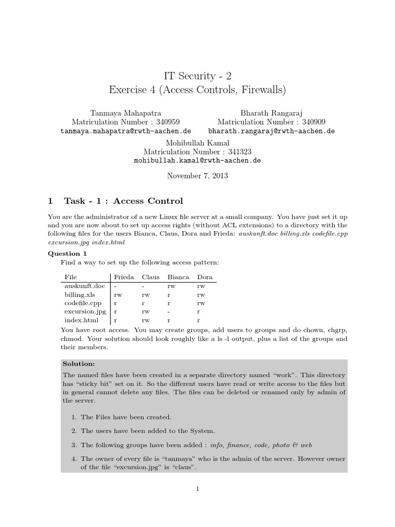 IT Security - 2 Exercise 4 (Access Controls, Firewalls) | PDF ...