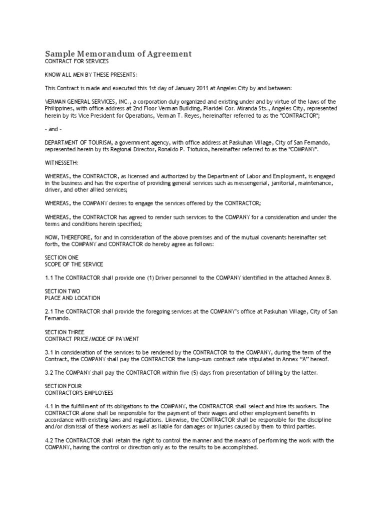 Sample MOA for Contractor Services | PDF