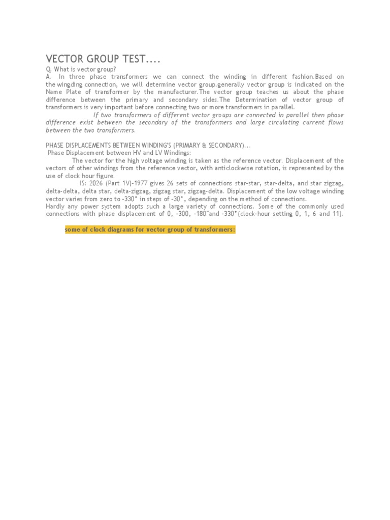 Vector Group Test | PDF | Transformer | Electronics