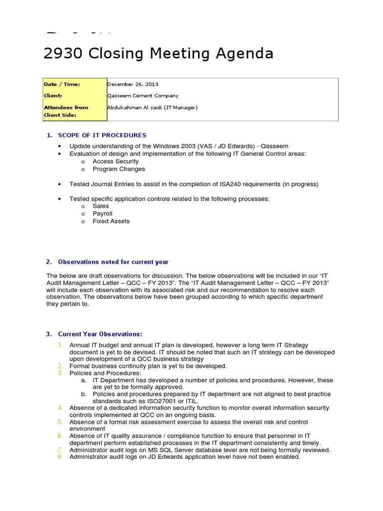 2930 Audit Closing Meeting Agenda | PDF | Information Security | Audit