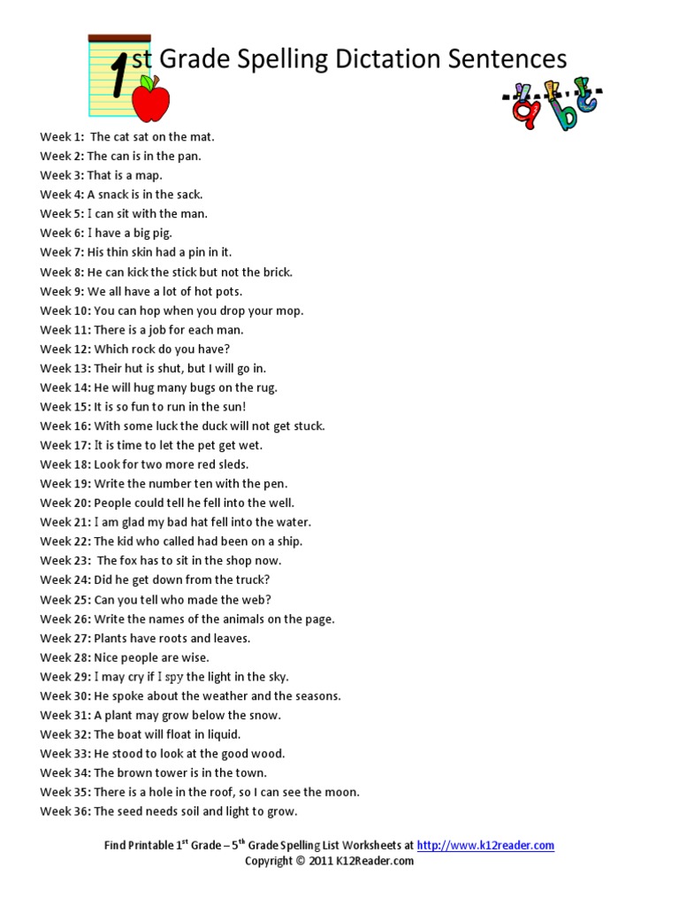 ST Grade Spelling Dictation Sentences: Find Printable 1 Grade - 5 Grade ...