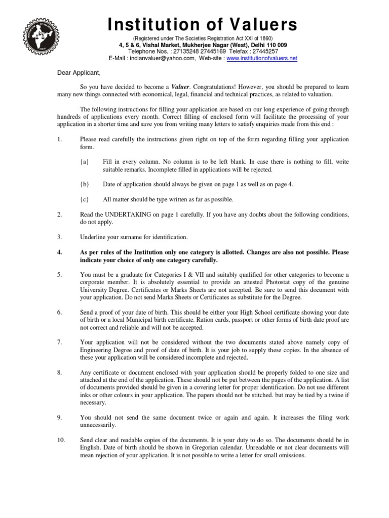Institution of Valuers (Applicationform) | PDF | Real Estate Appraisal | Document