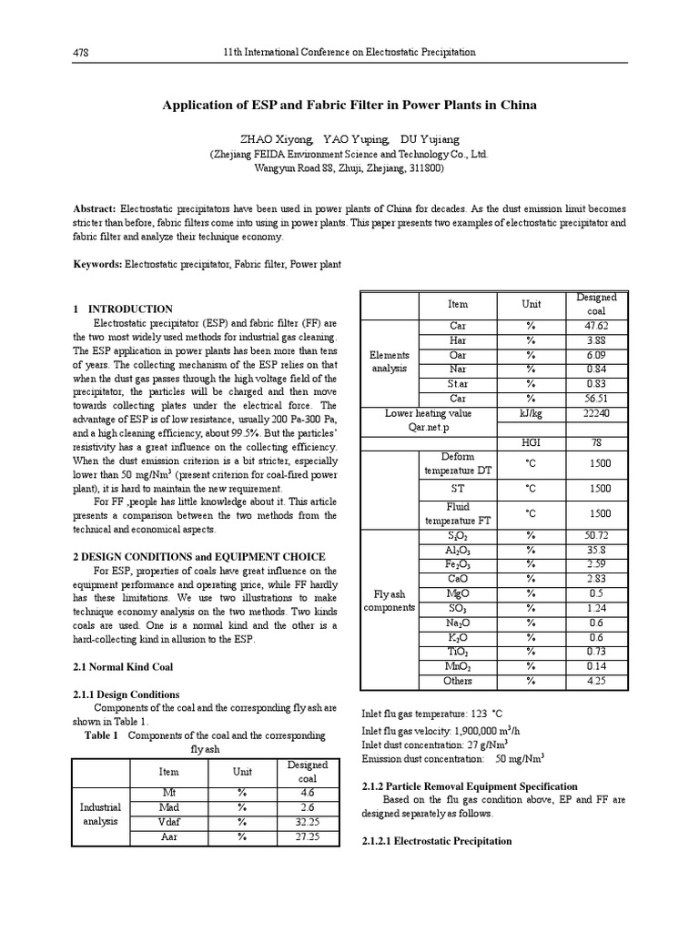 478application of ESP and Fabric Filter in Power Plants in China | PDF ...