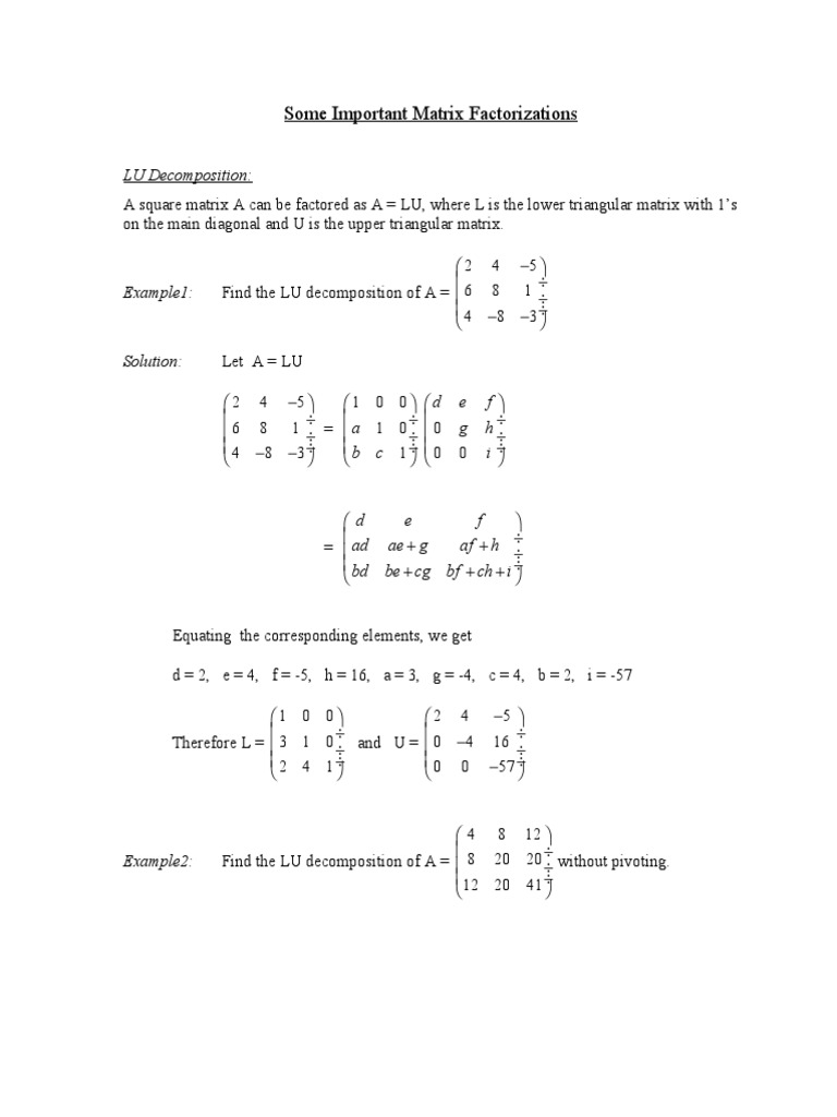 Some Important Matrix Factorizations Lu Decomposition Pdf Matrix Mathematics System Of