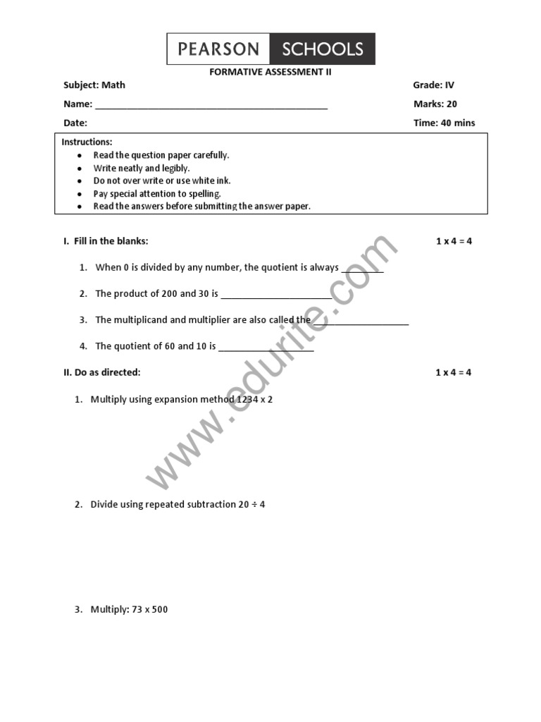 Class 4 Cbse Maths Question Paper Fa 2 | PDF | Multiplication ...