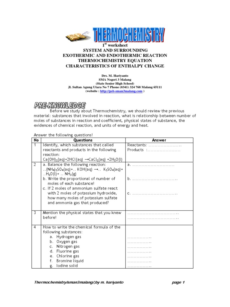 Worksheet Thermochemistry | PDF | Chemical Reactions | Calorimetry