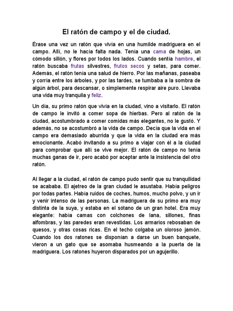 Español - El Ratón de Campo y El de Ciudad (Fábula) | PDF | Libros para ...
