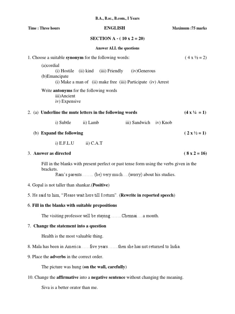Question Paper For B.A English | PDF | Poetry | English Language