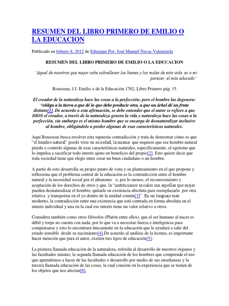 Resumen Del Libro Primero de Emilio o La | PDF | Emile, o sobre ...