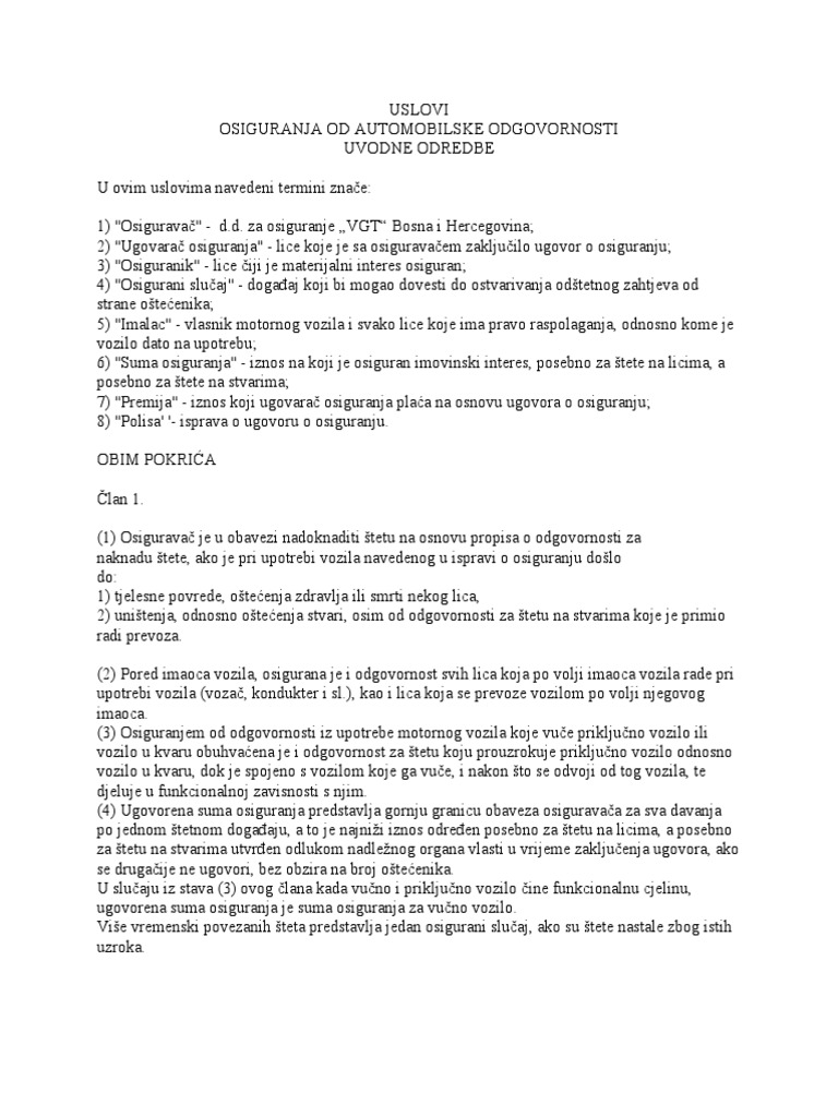 USLOVI OSIGURANJA OD AUTOMOBILSKE ODGOVORNOSTI FBiH | PDF