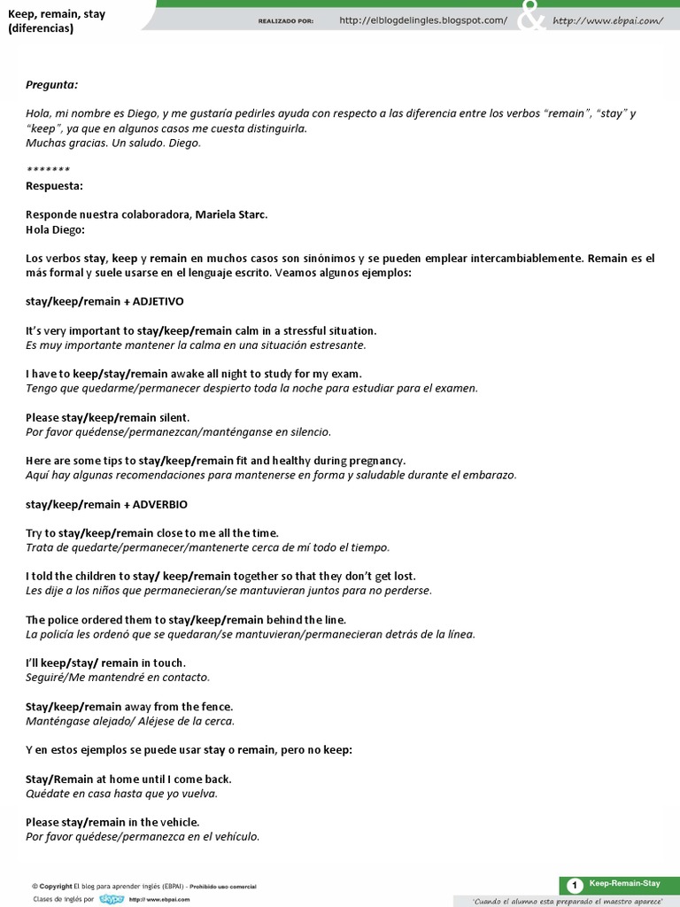 Cuando Usar Keep Remain Stay | PDF | Artes del Lenguaje y Comunicación ...