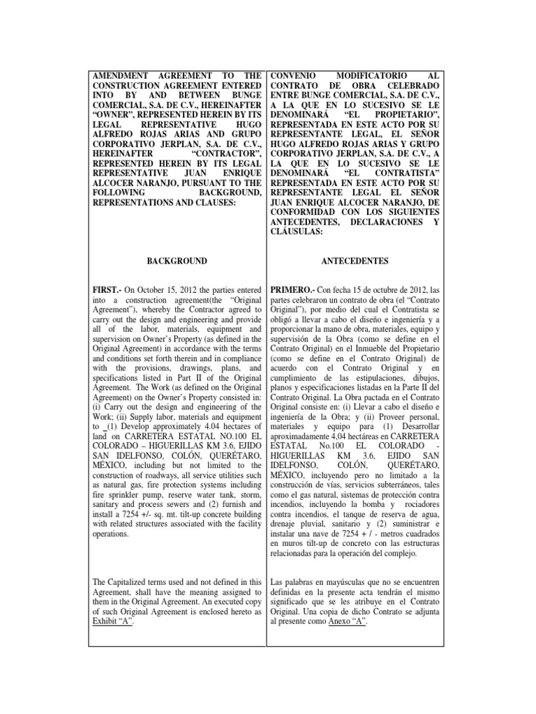 Convenio Modificatorio Al Contrato de Obra BUNGE-JERPLAN | Plazo ...