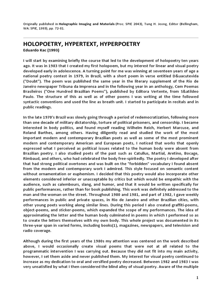Holopoetry, Hypertext, Hyperpoetry | PDF | Holography