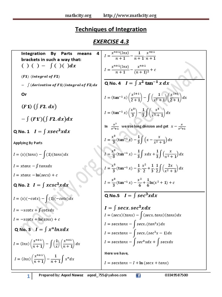 Exercise 4.3: Integration Techniques | PDF | Integral | Numbers