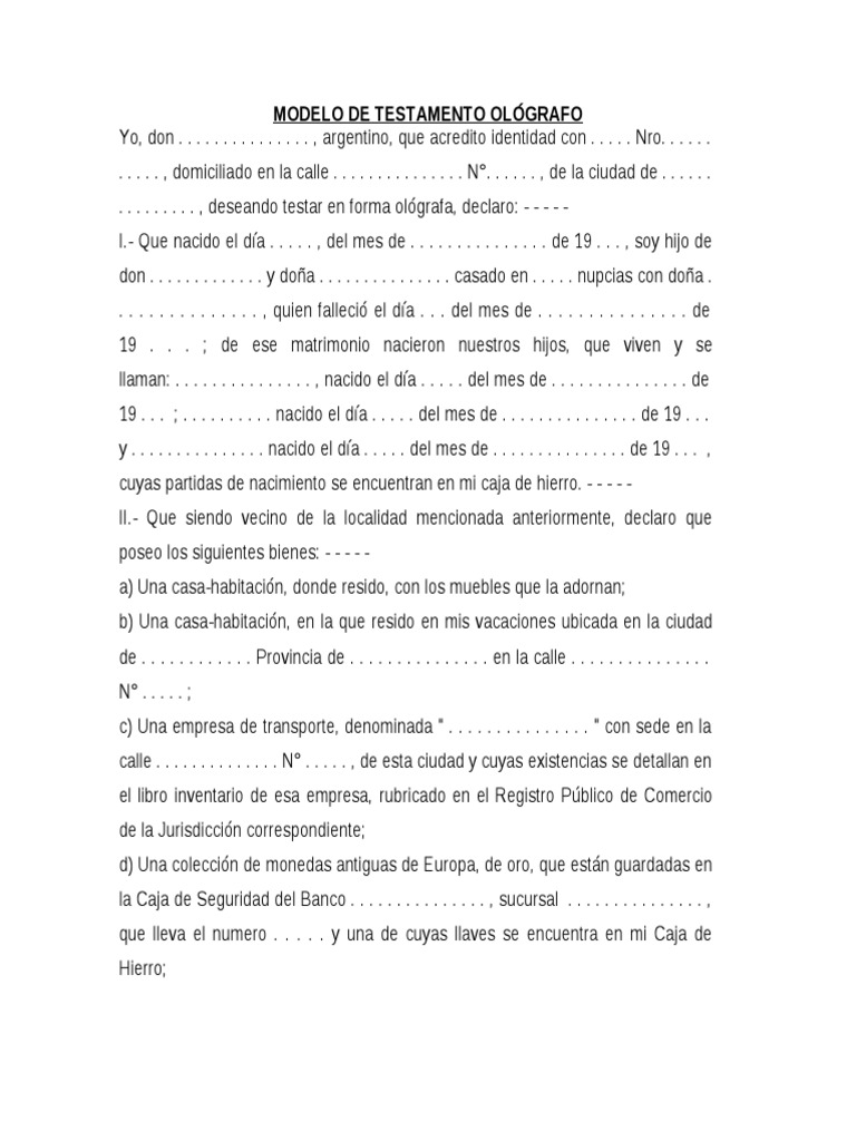 Modelo de Testamento Ológrafo | PDF | Voluntad y testamento ...