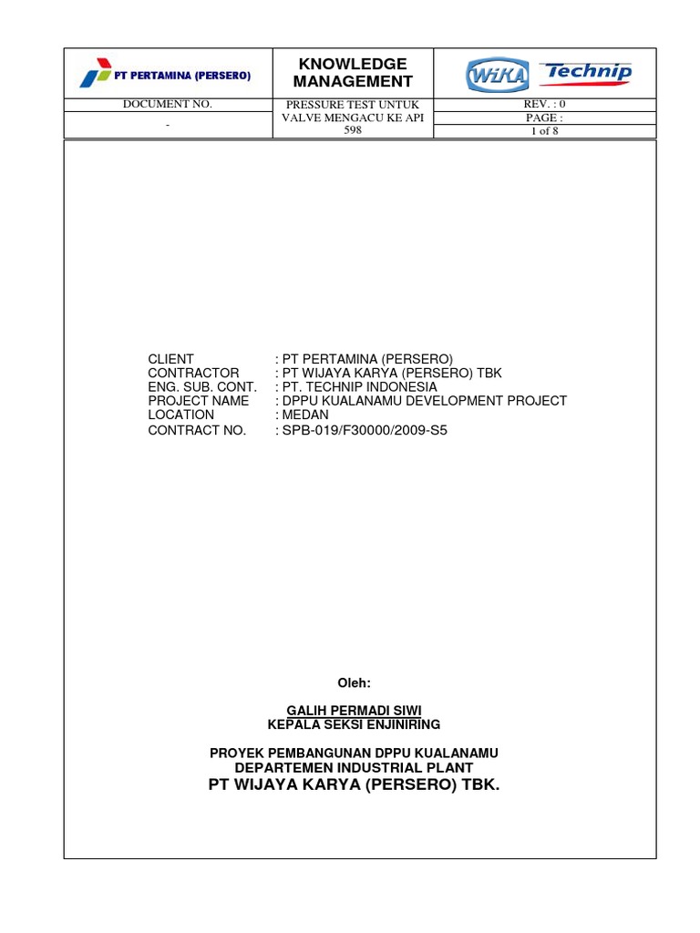 KM Pressure Test Untuk Valve Mengacu Ke API 598 | PDF
