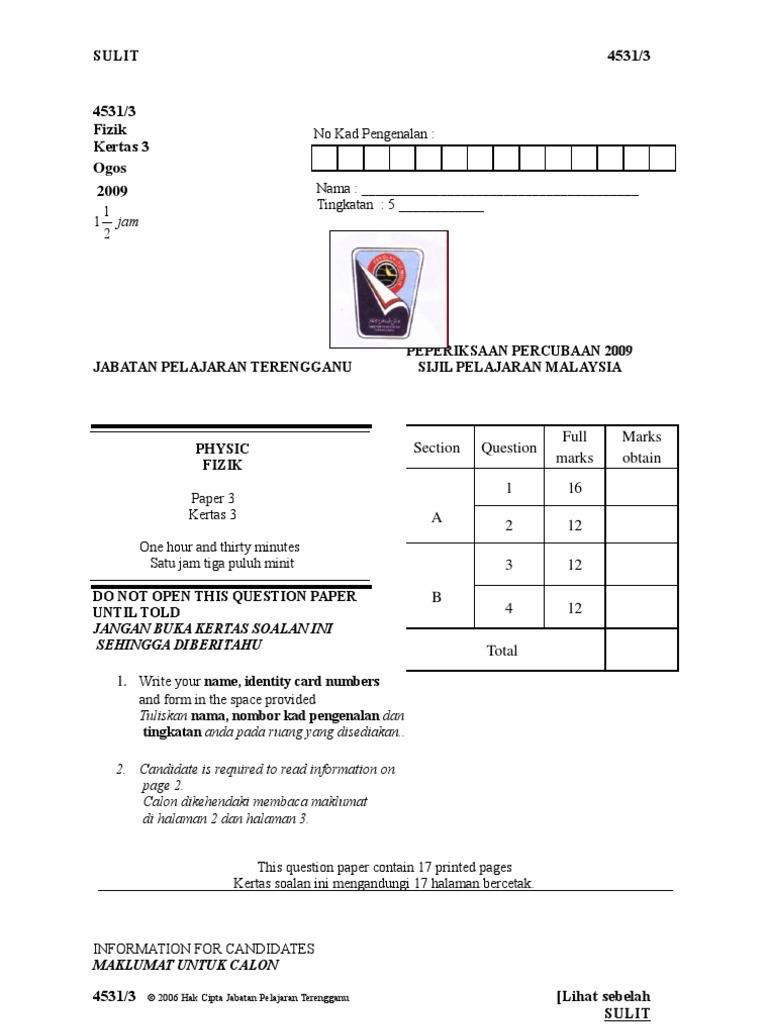 Phy P3 Terengganu SPM 2009 | PDF