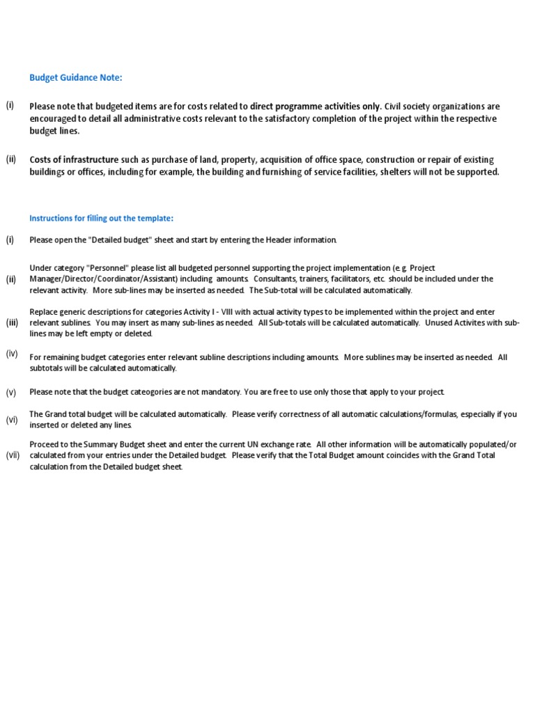 Budget Guidance Note:: Instructions For Filling Out The Template | PDF