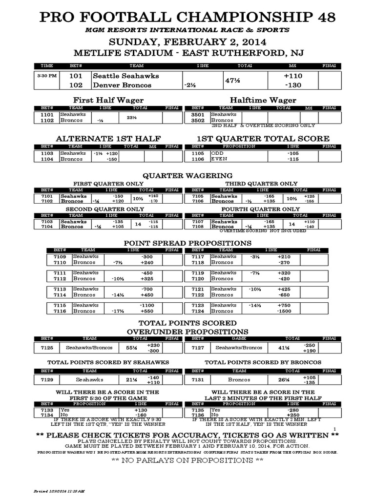 MGM Resorts' Super Bowl 48 props | Odds | Denver Broncos