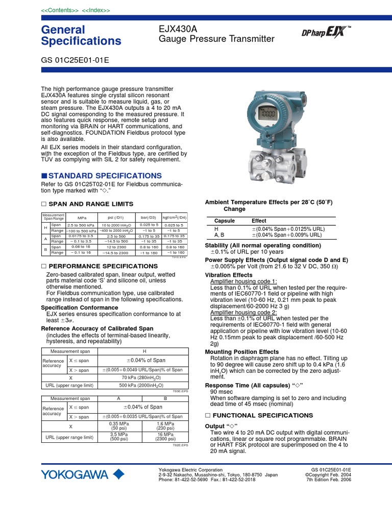 Gauge Pressure Transmitter Data Sheet EJA | PDF | Electrical Connector ...