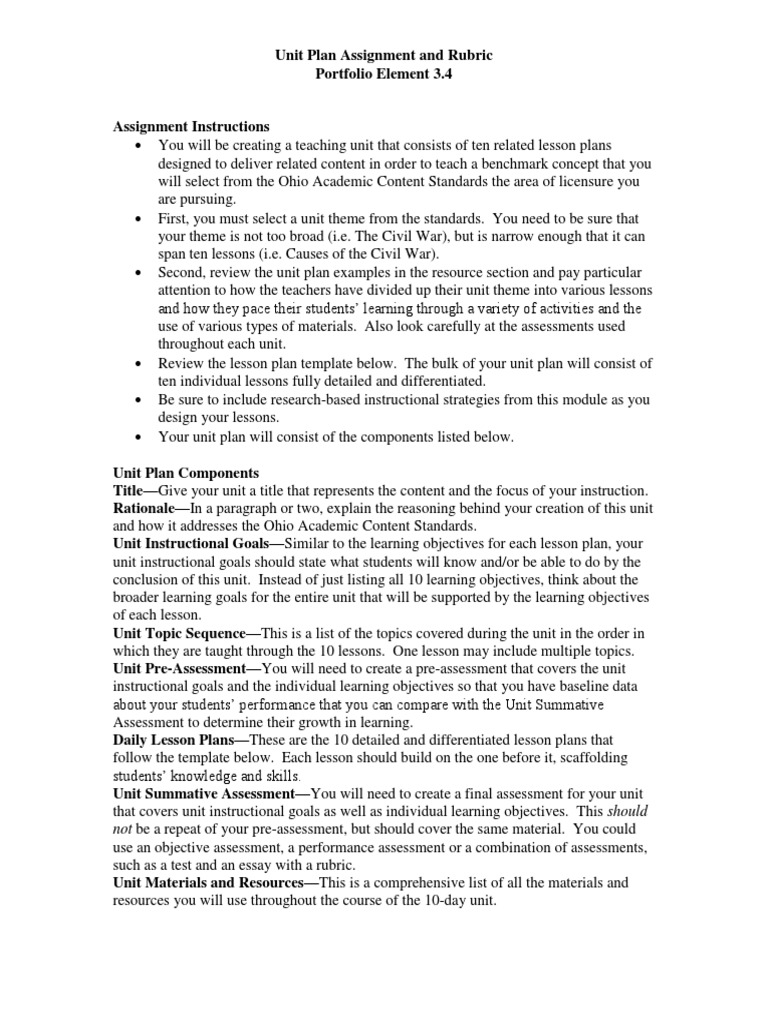 10 Lesson Unit Plan Assignment and Rubric | PDF | Educational ...