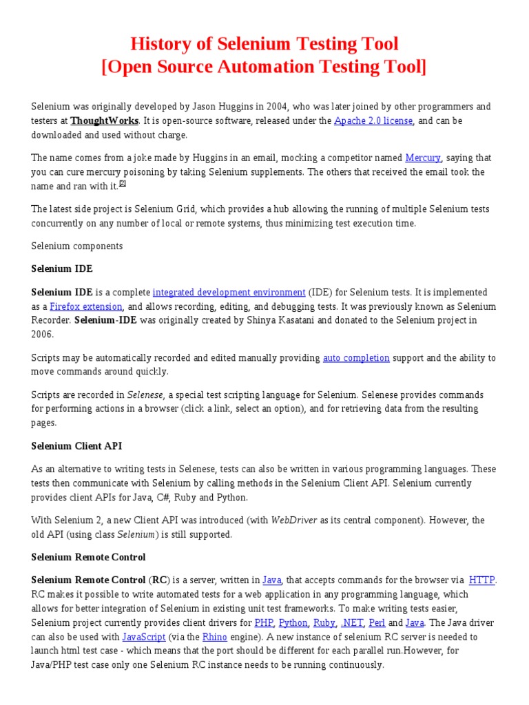 History of Selenium Testing Tool | PDF | Selenium (Software) | Web Software