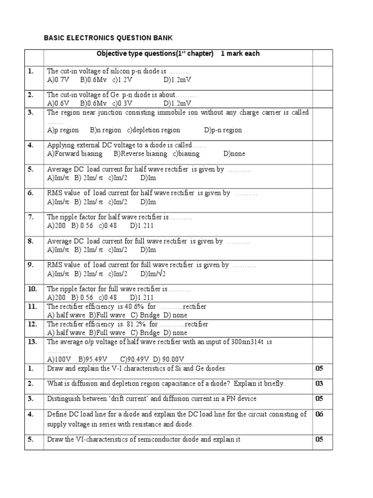 Basic Electronics Question Bank Objective Type Questions (1 Chapter) 1 ...