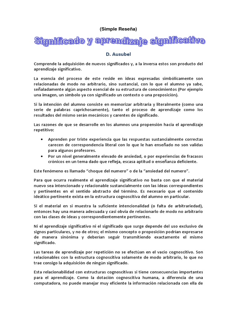 Reseña SIGNIFICADO Y APRENDIZAJE SIGNIFICATIVO | PDF | Aprendizaje ...