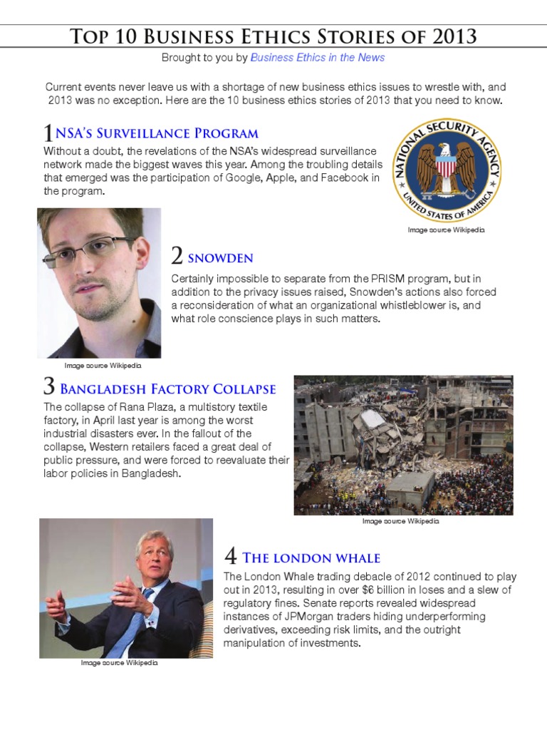 Top Business Ethics Issues of 2013 | PDF | Edward Snowden | Business Ethics